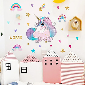 Lovely Pink Unicorn Rainbow Stars Wall Stickers, sacinora Cute Animal DIY Wall Decals Removable Vinyl Peel and Stick for Nursery Kids Baby Living Room Children's Room Bedroom Art Decoration
