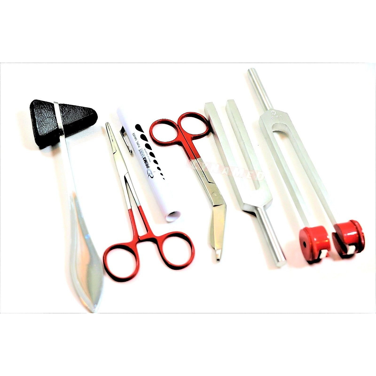 6 Pcs Reflex Percussion Taylor Hammer Penlight Tuning Fork C 256 C 512 Bandage Scissors 5.5 Inches Hemostat Forceps 5.5 Inches Cynamed