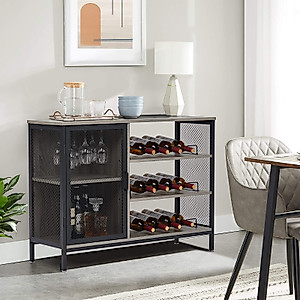 Fashionwu 42 Inches Wine Cabinet with Storage Shelf, Industrial Bar Cabinet with Removable Wine Rack and Glass Holder, Wood Freestanding Wine Rack Cabinet for Liquor and Glasses(Gray)