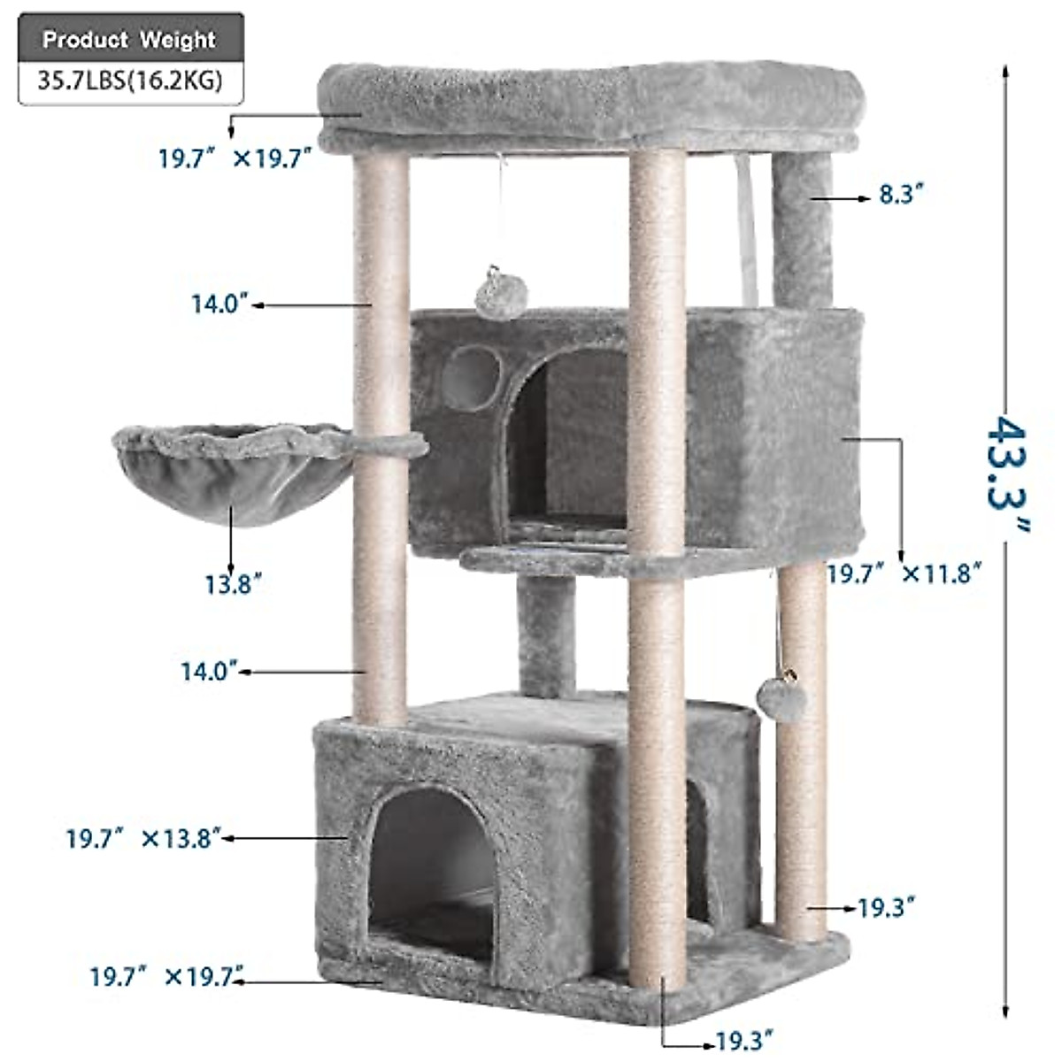 Hey-Brother Cat Tree,Multi-Level Cat Condo for Large Cat Tower Furniture with Sisal-Covered Scratching Posts, 2 Plush Condos, Big Plush Perches MPJ011W