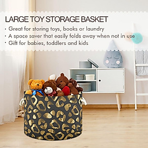 Krafig Gold Leopard Print Pattern Round Collapsible Storage Basket, Large Toy Storage, Laundry Baskets, Open Home Storage Bins for Toy Organizer, Home Decor, Clothes, Toys