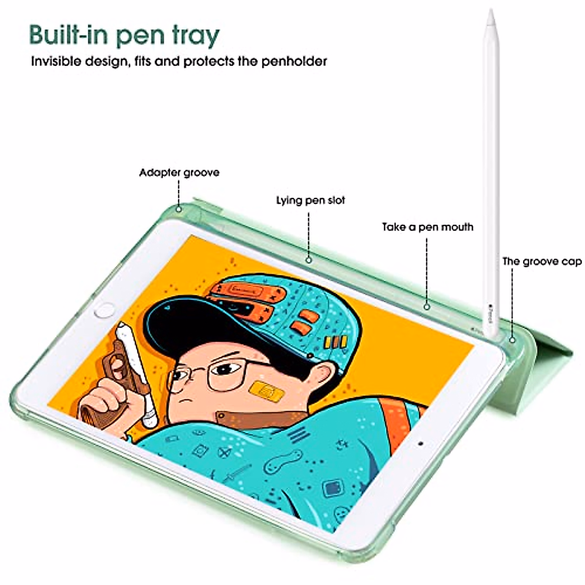 FixCracked case for ipad Mini 4/ipad Mini 5, with Pencil Holder, Ultra-Thin Built-in Silicone TPU Soft Shell Protective Cover, with Smart Wake/Sleep Function (White)