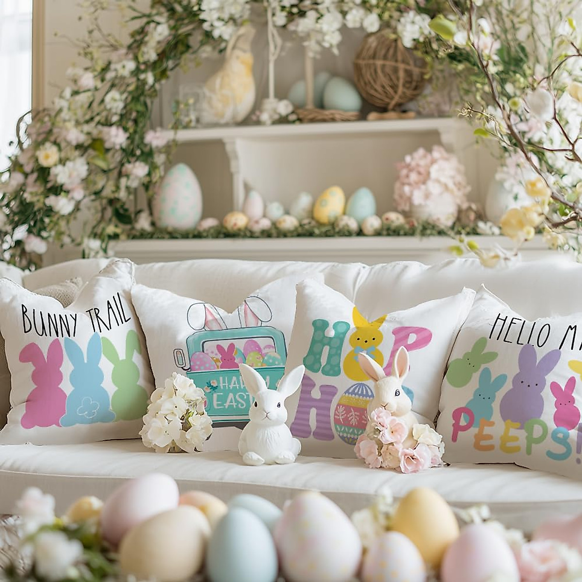 GEEORY Easter Pillow Covers 18x18 Set of 4 Easter Decorations for Home Bunny Truck Hello Peeps Hip Hop Pillows Easter Decorative Throw Pillows Spring Easter Farmhouse Decor