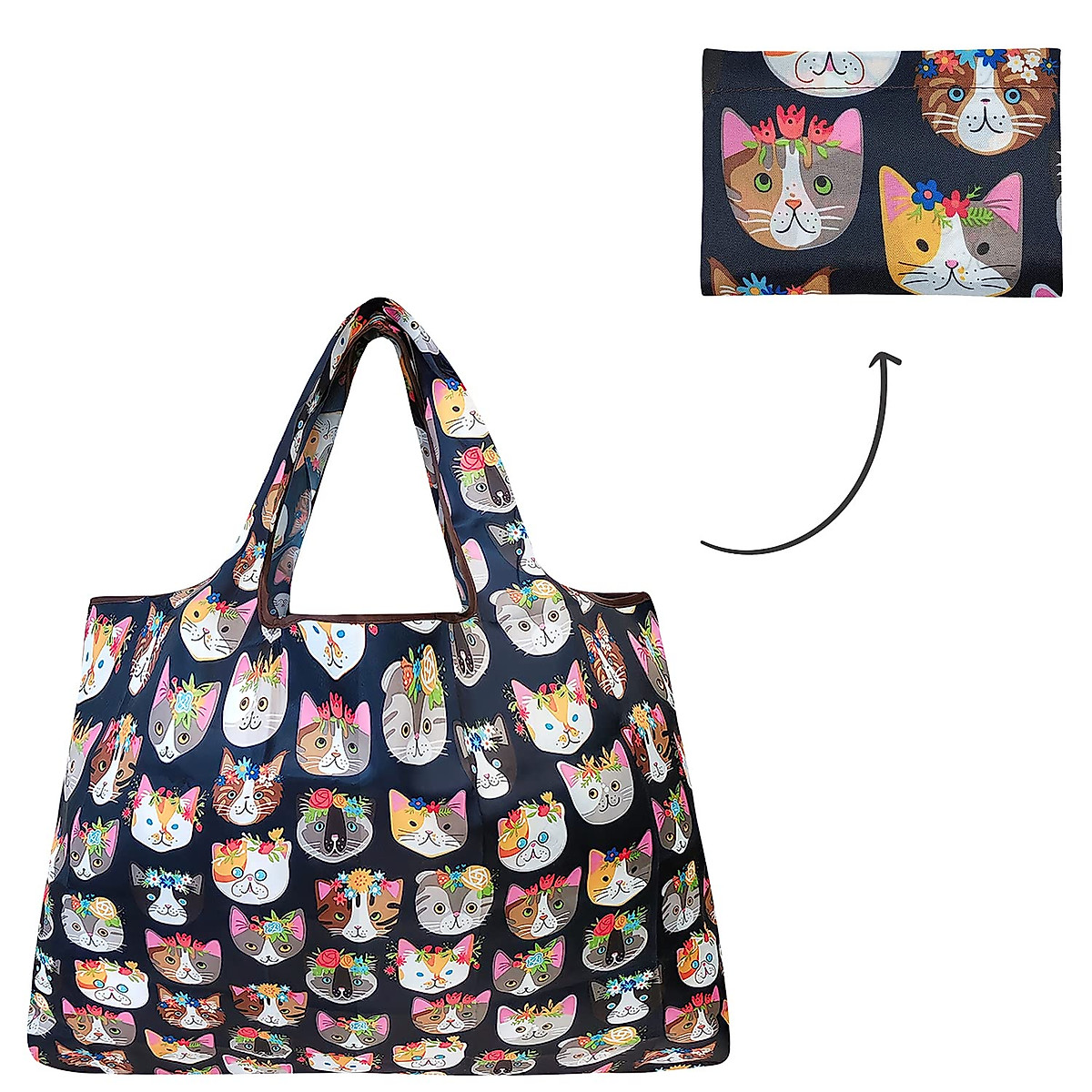 allydrew Large Foldable Tote Nylon Reusable Grocery Bag, Crazy Cats