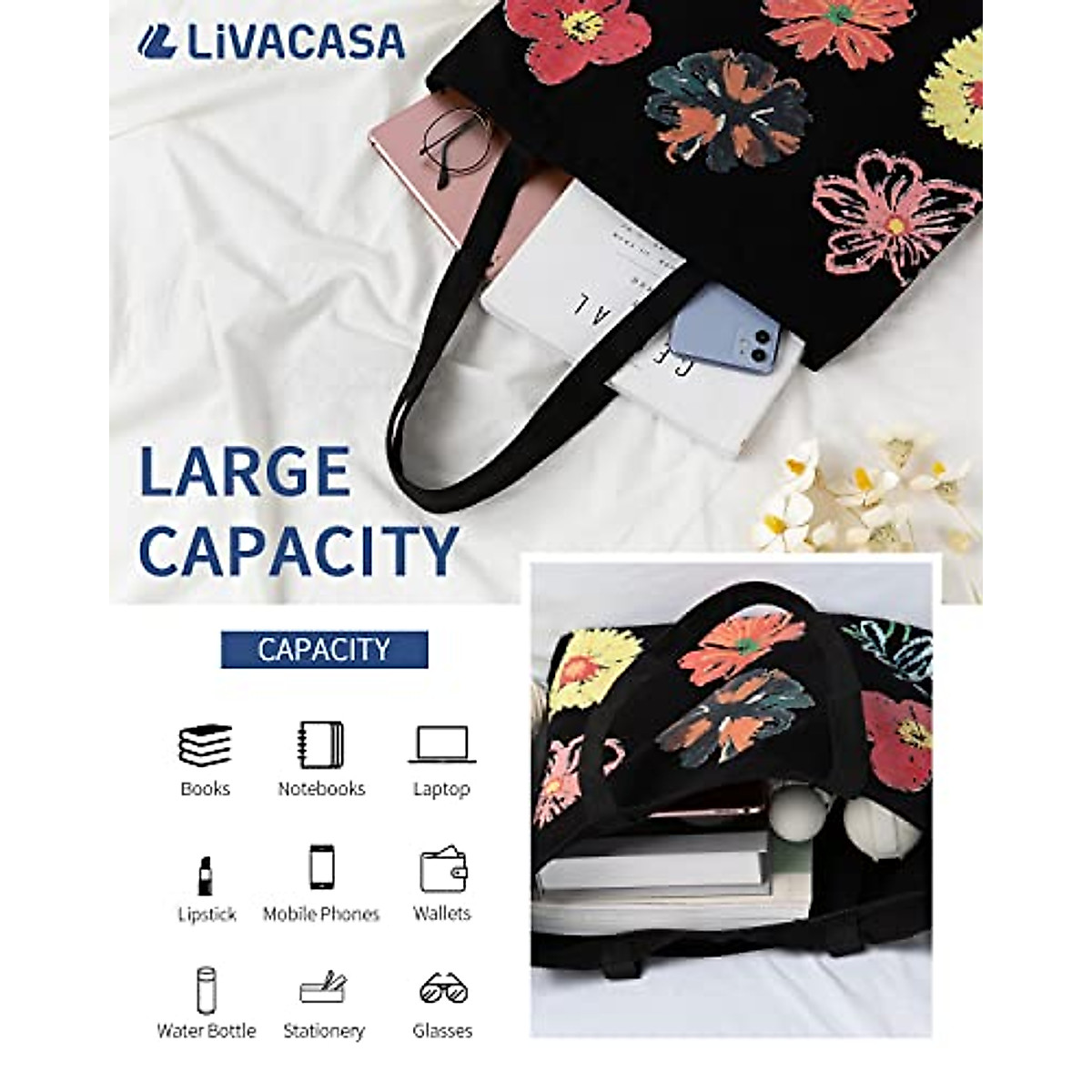 LIVACASA Canvas Tote Bag for Women, Large Floral Grocery Bags with Zipper and Inner Pockets,Travel Tote Bags for Shopping