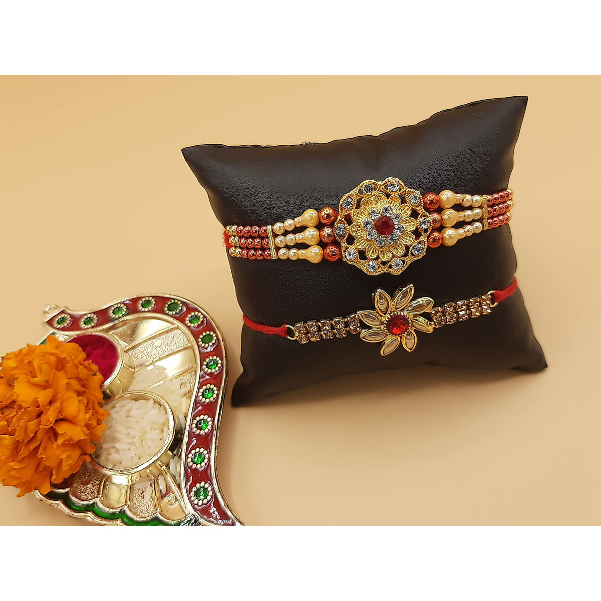 Palak Global Rakhi brass Bracelet, Unique designer Rakhi, Rakhi celebration with your Brother, Bhabhi/Sibling, Sister, Father & Family. Set of 2 (Fancy Rakhi with beautiful stones, Small)