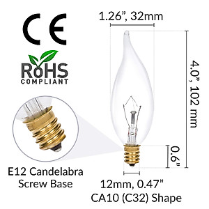 Simba Lighting Candelabra Flame Tip Clear CA10 25W E12 Base (12 Pack) Decorative Incandescent Light Bulbs 120V for Chandeliers, Ceiling Fan Lights, Pendants, Wall Sconces, Dimmable, Warm White 2700K