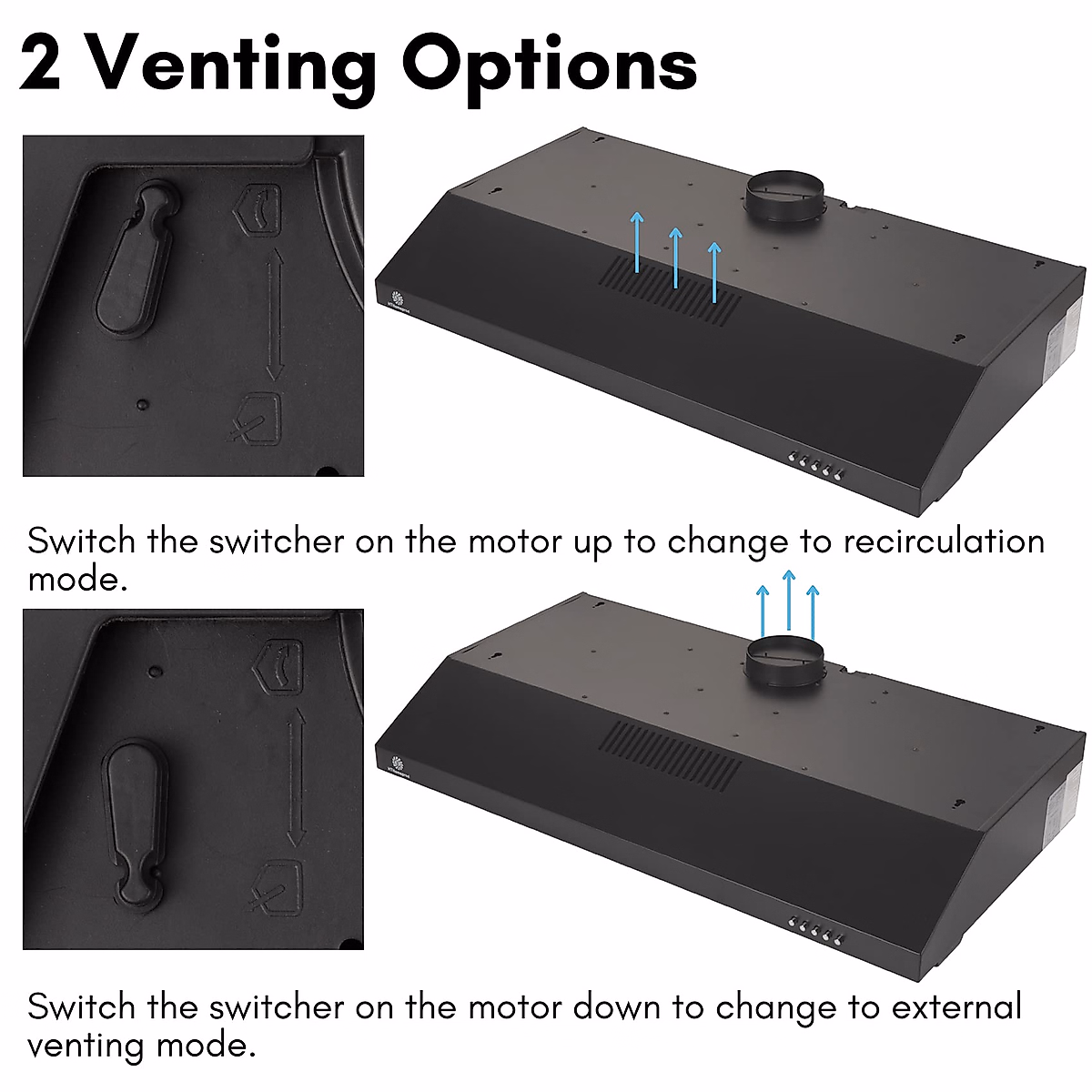 35 Inch Dual-motors Kitchen Under Cabinet Ducted/Ductless Range Hood with 3 Speed Exhaust Fan and Reusable Filters, LED Lights, Black