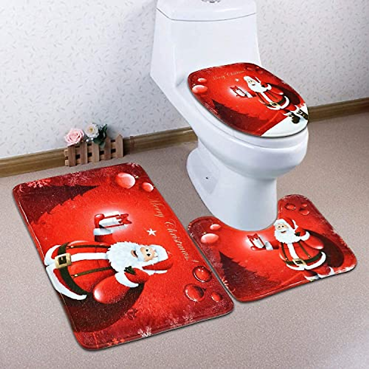 BLEUM CADE 4 Pcs Merry Christmas Shower Curtain Sets with Non-Slip Rugs, Toilet Lid Cover, Bath Mat and 12 Hooks Santa Xmas Tree Ball Snowflake Waterproof Shower Curtain for Christmas Decoration