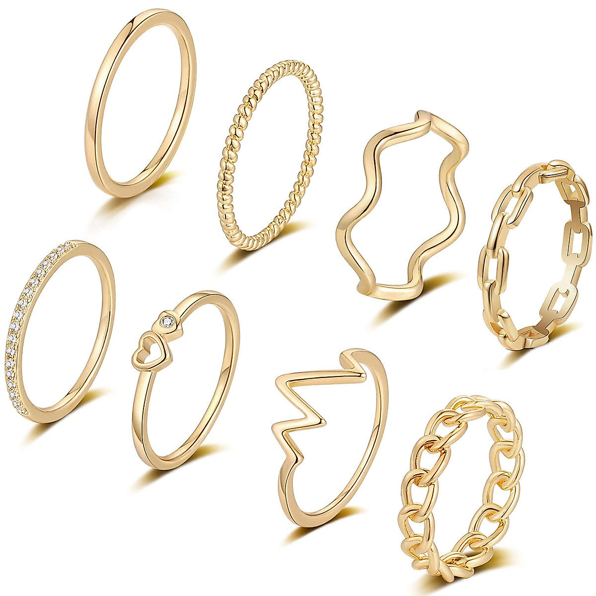 Honsny 8PCS 14K Gold Plated Stacking Rings for Women Gold Silver Stackable Knuckle Rings Twist Thumb Thin Dainty Gold Band Rings Wave Finger Eternity Silver Ring Set for Teen Girls Size 5 to 11