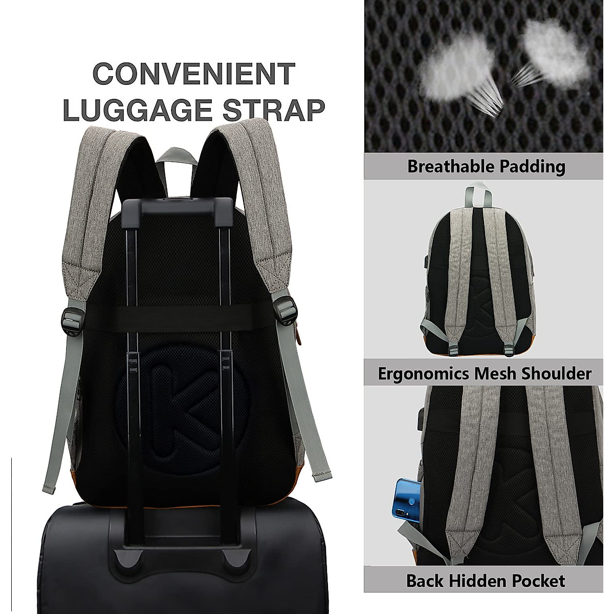 KOPHLY Travel Laptop Backpack with Leather Decoration, USB Charging Port, Classic Backpack for College, Work Bag, Travel Backpacks(18 Inches/Light Grey)