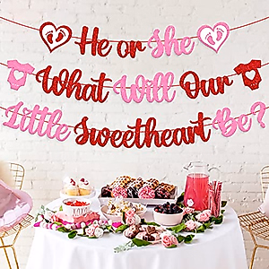 He or She What Will Our Little Sweetheart Be Banner Happy Valentine’s Day Theme Pink Red Glitter Gender Reveal Baby Shower Party Decorations Supplies
