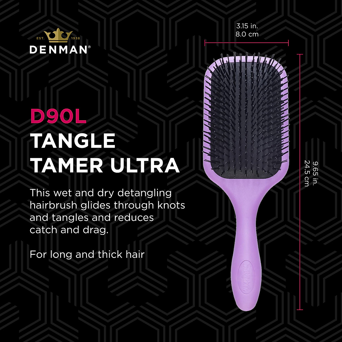 Denman Tangle Tamer Ultra (Violet) Detangling Paddle Brush For Curly Hair And Black Natural Hair - use with both Wet & Dry Hair, D90L
