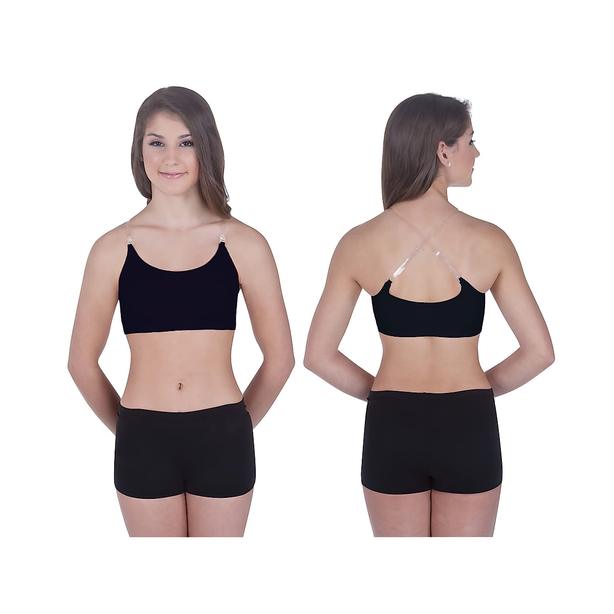 Clementine Apparel Girls Clear Detachable Straps Unpadded and Seamless Dance Bra, Big Girls (7 to 16), Size 12 to 14, Black