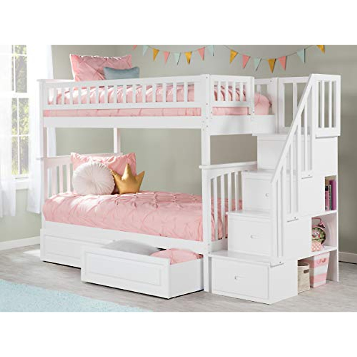 AFI Columbia Staircase Bunk Twin Over Twin with Turbo Charger and Raised Panel Bed Drawers in White