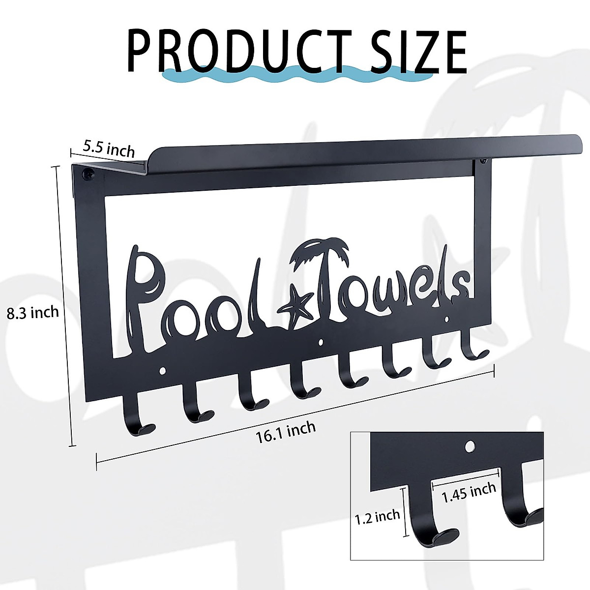 OYEFLY Pool Towel Rack,Wall Mount Towel Hooks Towel Holder with 8 Hooks,Pool Area Outside Sign (Black with Shelf, 16.1in)