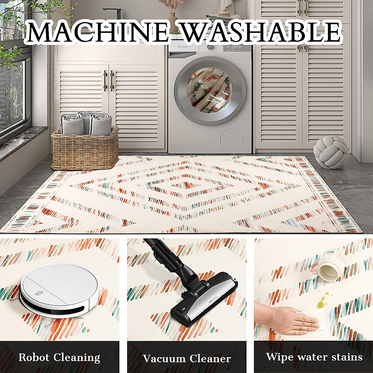 Geanlod Boho Beige Area Rugs 5x7 Washable Non Slip Modern Living Room Rug Low Pile Bedroom Rug Geometric Faux Wool Throw Carpet for Dining Room Bathroom Kitchen Home