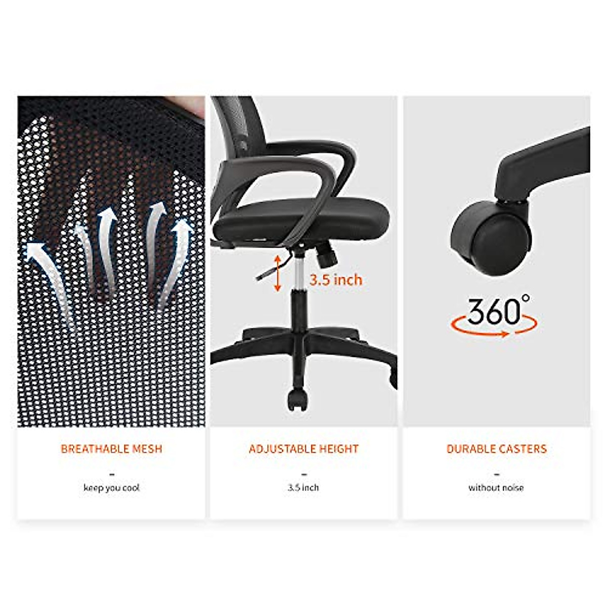 OffiClever Mid Back Mesh Computer Swivel Desk Task Ergonomic Executive with Armrests, Black