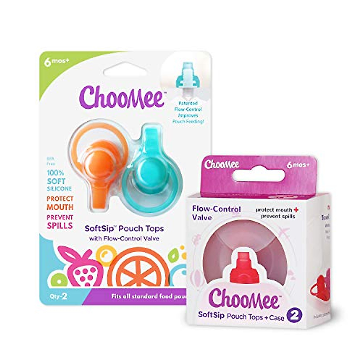 ChooMee SoftSip Food Pouch Tops | 4 Colors + White case | Prevent Spills and Protect Childs Mouth