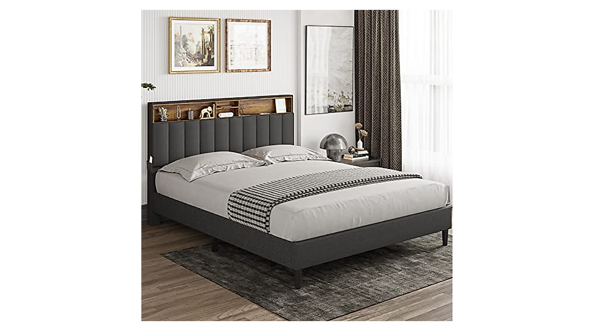 Tiptiper Full Size Bed Frame with Storage & Outlets