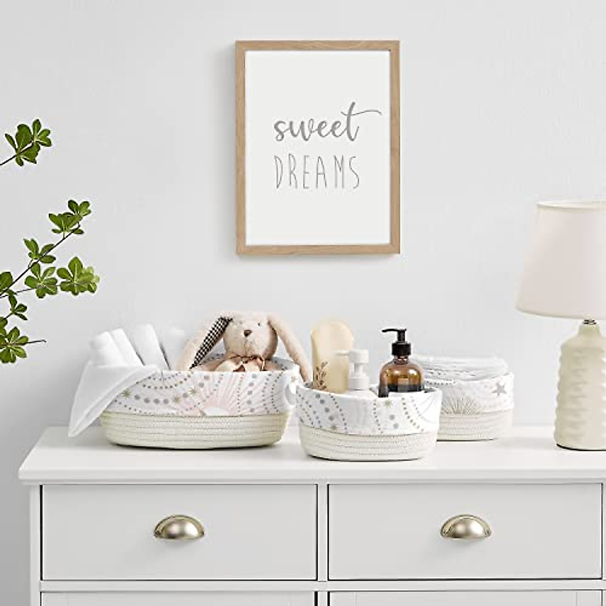 Sweet Jojo Designs Blush Pink Gold Star Moon Girl Woven Storage Basket Set 3pc Cotton Rope Diaper Caddy Bins Baby Nursery Shelf Kids Closet Drawer Organizer Liner Grey Celestial Sky Gray Shabby Chic