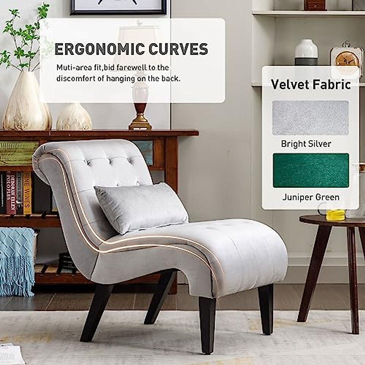 Bonzy Home Modern Accent Chairs for Bedroom Living Room Button-Tufted Velvet Reading Nook Lounge Chairs Upholstered Armless Slipper Chairs with Wooden Legs, Bright Sliver