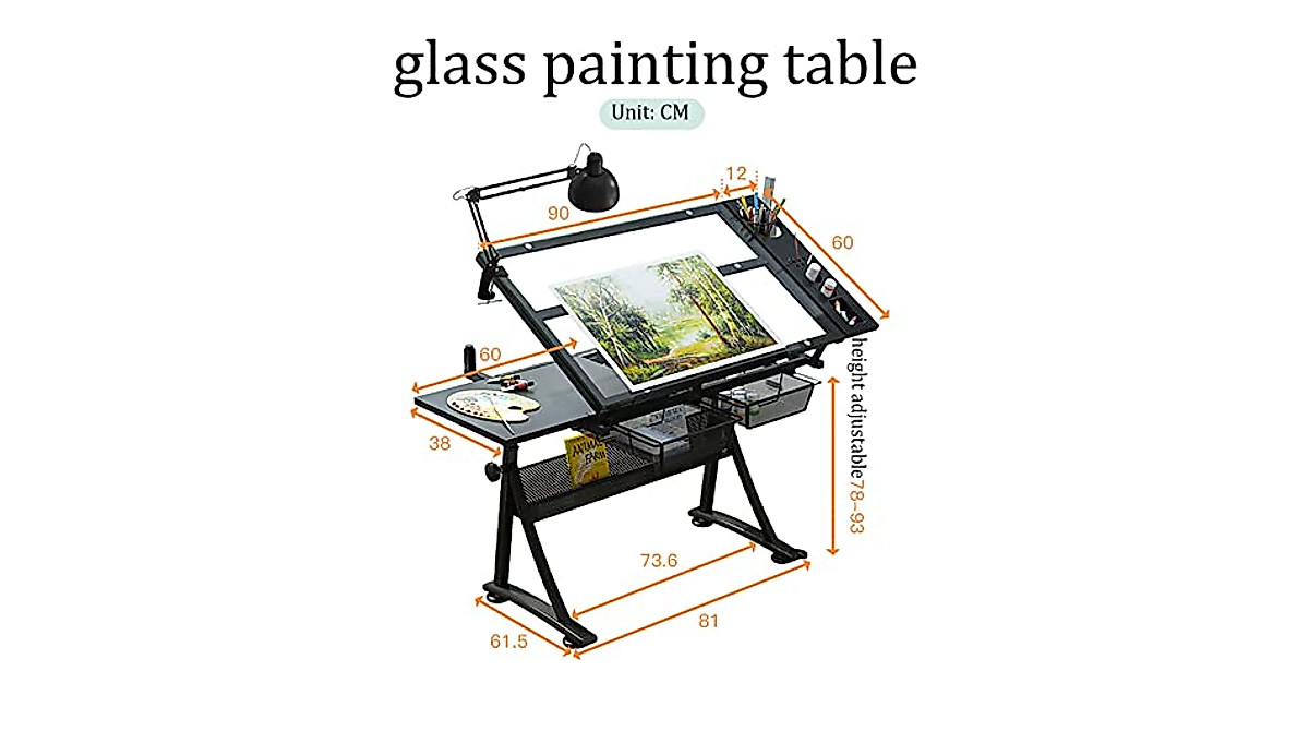 EESHHA Adjustable Drawing Table with Storage and Glass Top - Studio Desk