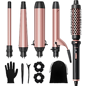 Wavytalk 5 in 1 Curling Iron,Curling Wand Set with Thermal Brush and 4 Interchangeable Ceramic Curling Wand(0.5”-1.5"),Instant Heat Up Wand Curler, Dual Voltage Curling Iron