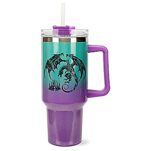Elanze Designs Majestic Flying Dragon 40 oz. Stainless Steel, Large Water Bottle Coffee Mug, Spill & Leak Resistant, Thermal Travel Tumbler with Handle, Lid & Straw, Teal & Purple