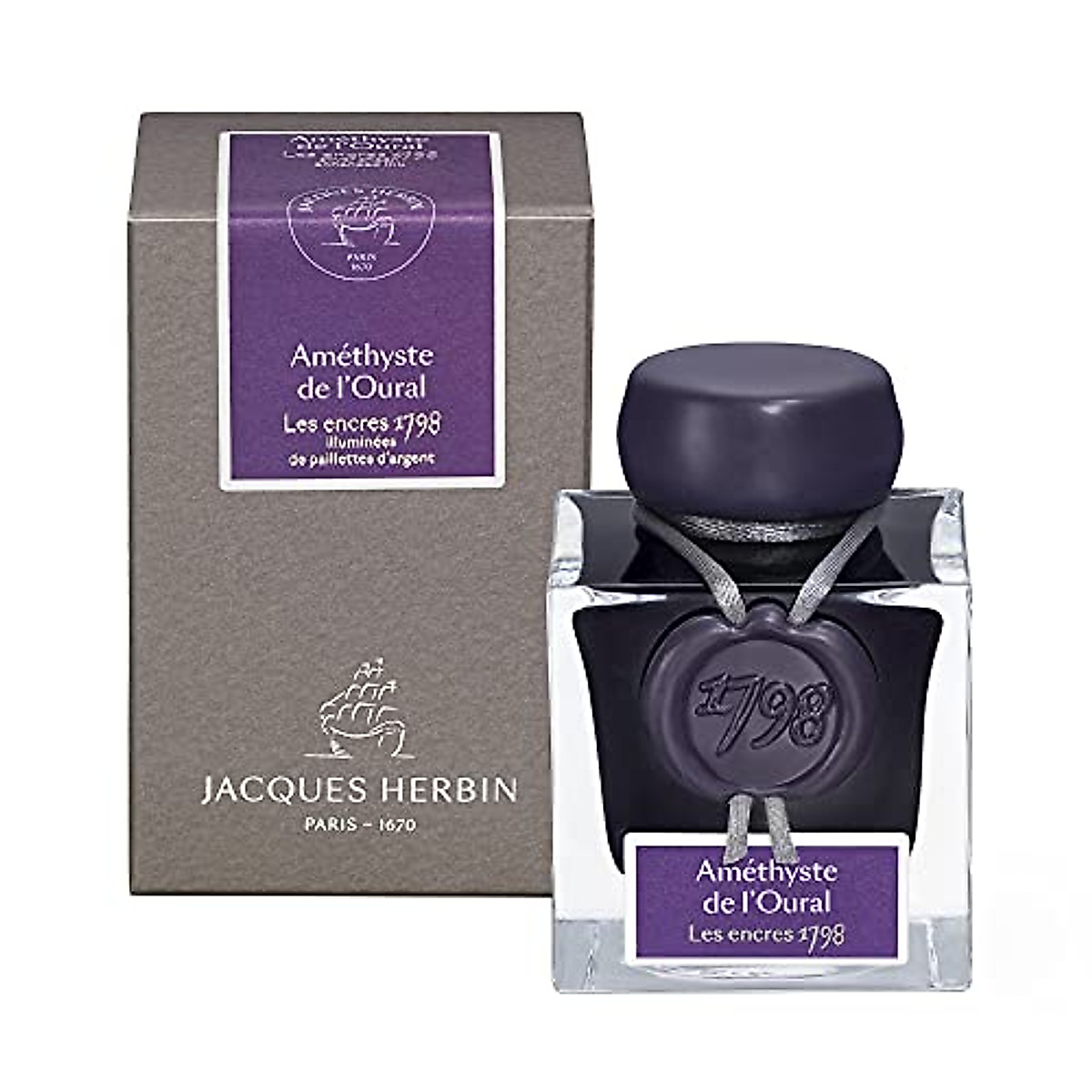 J. Herbin 1798 Anniversary Inks - Silver Sheen 50 ml Bottled - Amethyste de L'Oural (Rich Deep Purple Ink)