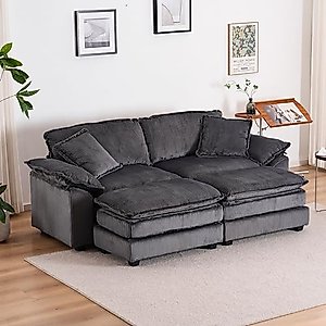 ERYE Oversized Loveseat Sectional Sofa Modern Deep Seat Reversible Chaises Couch with 2 Movable Ottomans and Pillows, Modular Corduroy Upholstered Sleeper Daybed for Living Room,Apartment,Office