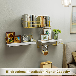 Love-KANKEI Floating Shelves for Wall, Bathroom Shelves Over Toilet with Towel Bar,Wall Shelves with Storage Wire Basket, Wood Shelves for Bedroom Kitchen Living Room Books, Set of 3, White &Gold