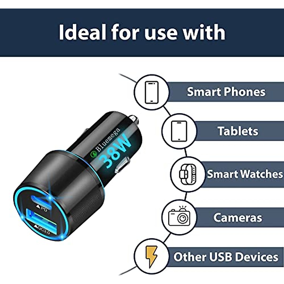 Fast Car Charger, USB C Car Charger 38W Car Charger Adapter PD3.0&QC3.0 with 2Pack Lightning Cable Quick Car Charging Compatible with iPhone 14 Pro Max/14 Plus/13 Pro Max/12