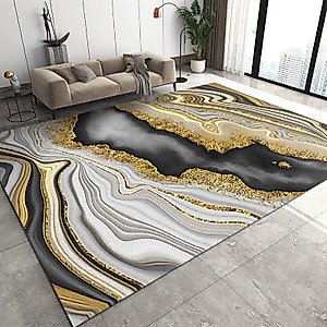 Modern Abstract Black Gold Marble Texture Area Rugs, Light Luxury Black and White Gold-Plated Indoor Non-Slip Kids Rugs, for Living Room Bedroom Kitchen Entryway Floor Mat-5x6ft