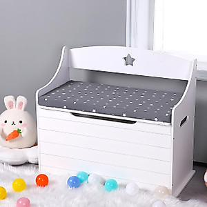 Wooden Toy Box with Seating Bench White Kids Toy Chest with Safety Hinged Lid Large Storage Cabinet with Cushion Seat Bench Toy Storage Organizer Gift for Girls and Boys