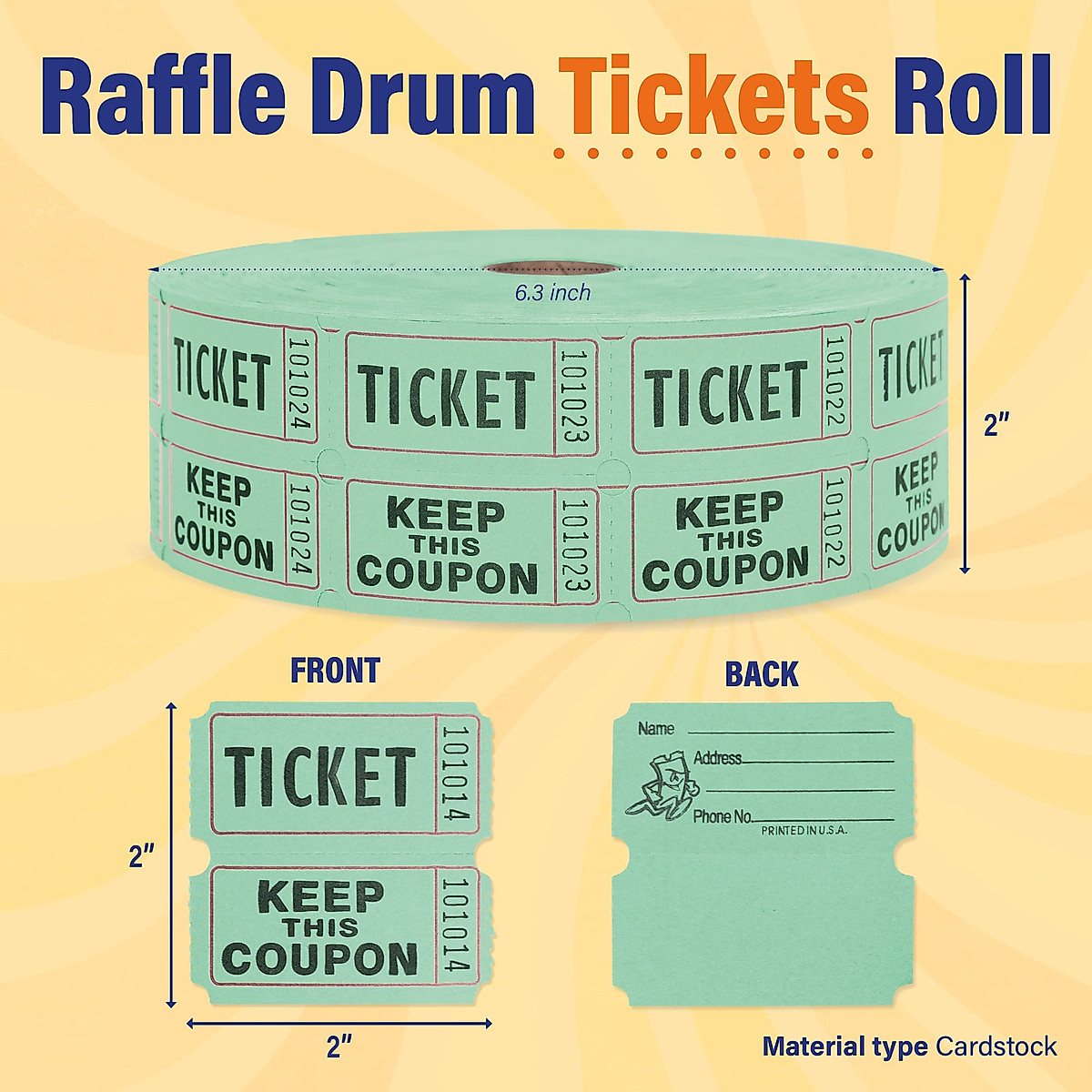 50/50 Raffle Tickets Double Roll - Bulk Box of 8 Colors - 2000 Ticket Count Per Roll - Easy Tear Away Stubs for Contact Info - Raffle Drum Tickets Roll for Drinks, Carnival, Chinese Auction, Events