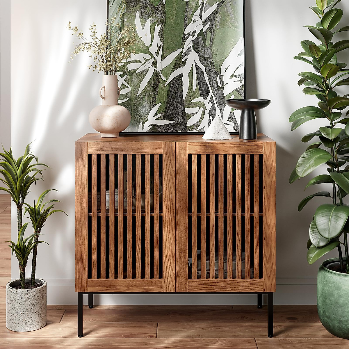 BVIUNTWO Storage Cabinet,31.5" Farmhouse Buffet Cabinet with Metal Base and Adjustable Shelf,Sideboard Coffee Bar Cabinet with 2 Doors for Kitchen,Dining Room,Living Room,Brown