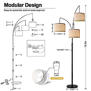 Dimmable Floor Lamp - 3 Lights Arc Floor Lamps for Living Room, 1000LM Modern Tall Standing Lamp With Beige Shades & Heavy Base, Mid Century Tree Floor Lamp for Bedroom Office, 3 LED Bulbs Included