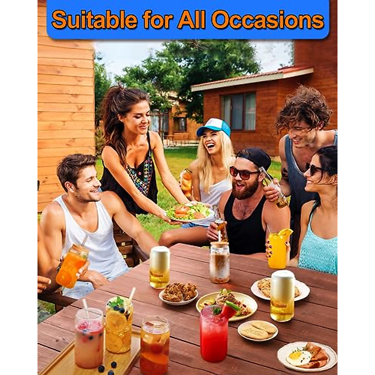 Yooler Glass Cups with Lids and Straws - 16oz Can Shaped Drinking Beer Glasses, Iced Coffee Cups, Cute Glass Tumbler with Straw and Bamboo Lid, Ideal for Cocktail, Whiskey, Gift (Set of 4)