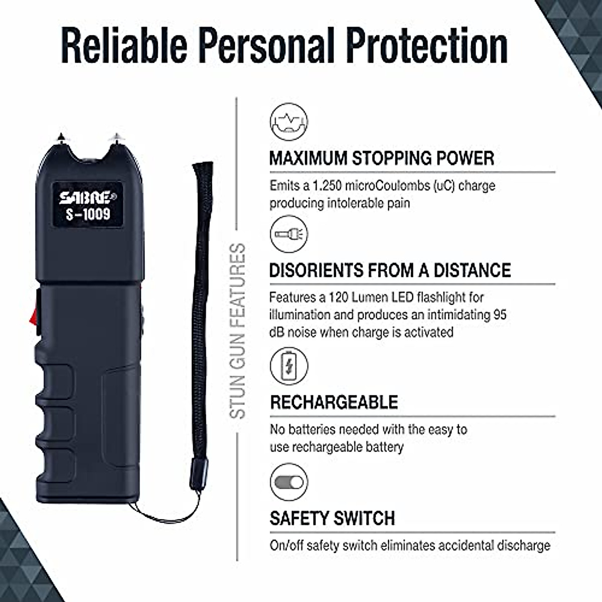 SABRE 2-in-1 Stun Gun with Flashlight and Anti-Grab Bar Technology, Painful 1.250 µC Charge, 120 Lumens, Rechargeable Battery, Safety Switch, Includes Wrist Strap and Belt Holster