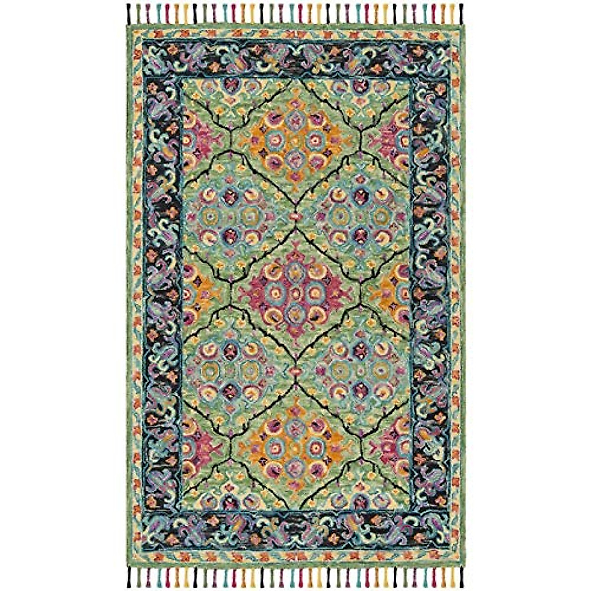 SAFAVIEH Aspen Collection Area Rug - 5' x 8', Light Green & Black, Handmade Boho Braided Tassel Wool, Ideal for High Traffic Areas in Living Room, Bedroom (APN114Y)