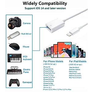 Apple Lightning to USB Camera Adapter, USB 3.0 OTG Cable for iPhone/iPad to Connect Card Reader, USB Flash Drive, U Disk, Keyboard, Mouse, Hubs, MIDI, Plug & Play (White)