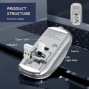 Halpilt Wireless Mouse Chargeable Portable Silent Wireless Mouse USB and Type-C Dual Mode Wireless Mouse 3 Adjustable DPI for Laptop, Mac, MacBook, Android, PC (Q23S Black) (Grey)