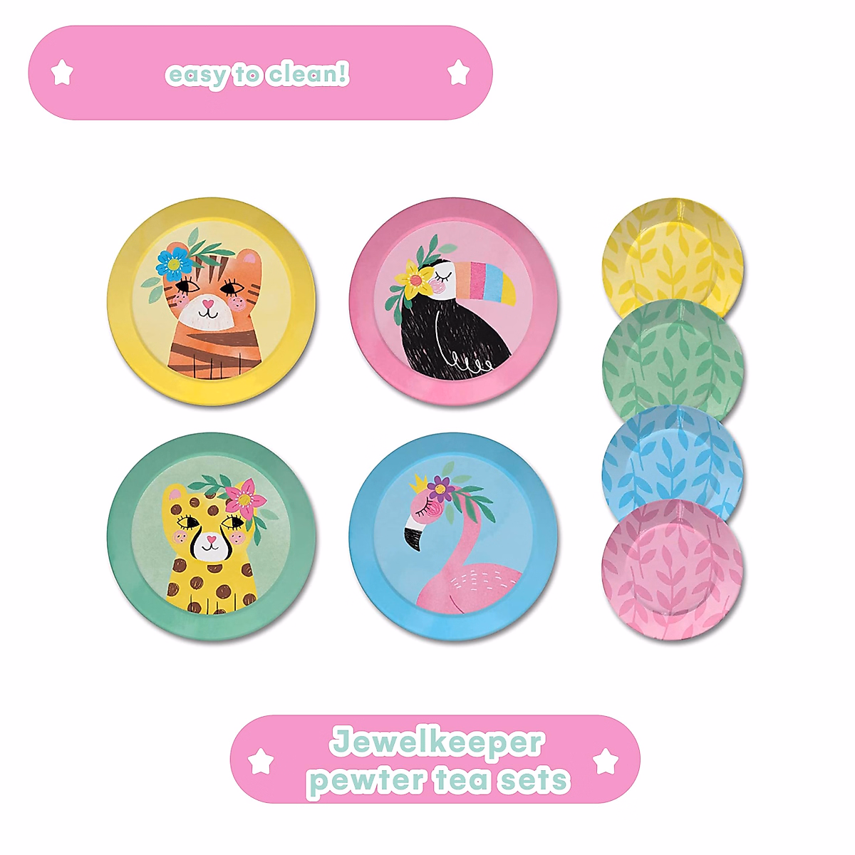 Jewelkeeper Tea Set for Little Girls - 15 Piece Sets Kids Tin Tea Party with Cups, Saucers, Plates & Serving Trays-Toddler Princess Tea Time Pretend Play-Safari Design Picnic Toy -Girls Birthday Gift