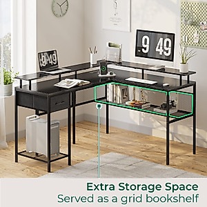 Huuger L Shaped Desk Gaming Desk with LED Lights & Power Outlets, Computer Desk with Storage Shelves, Corner Desk Home Office Desk, Black