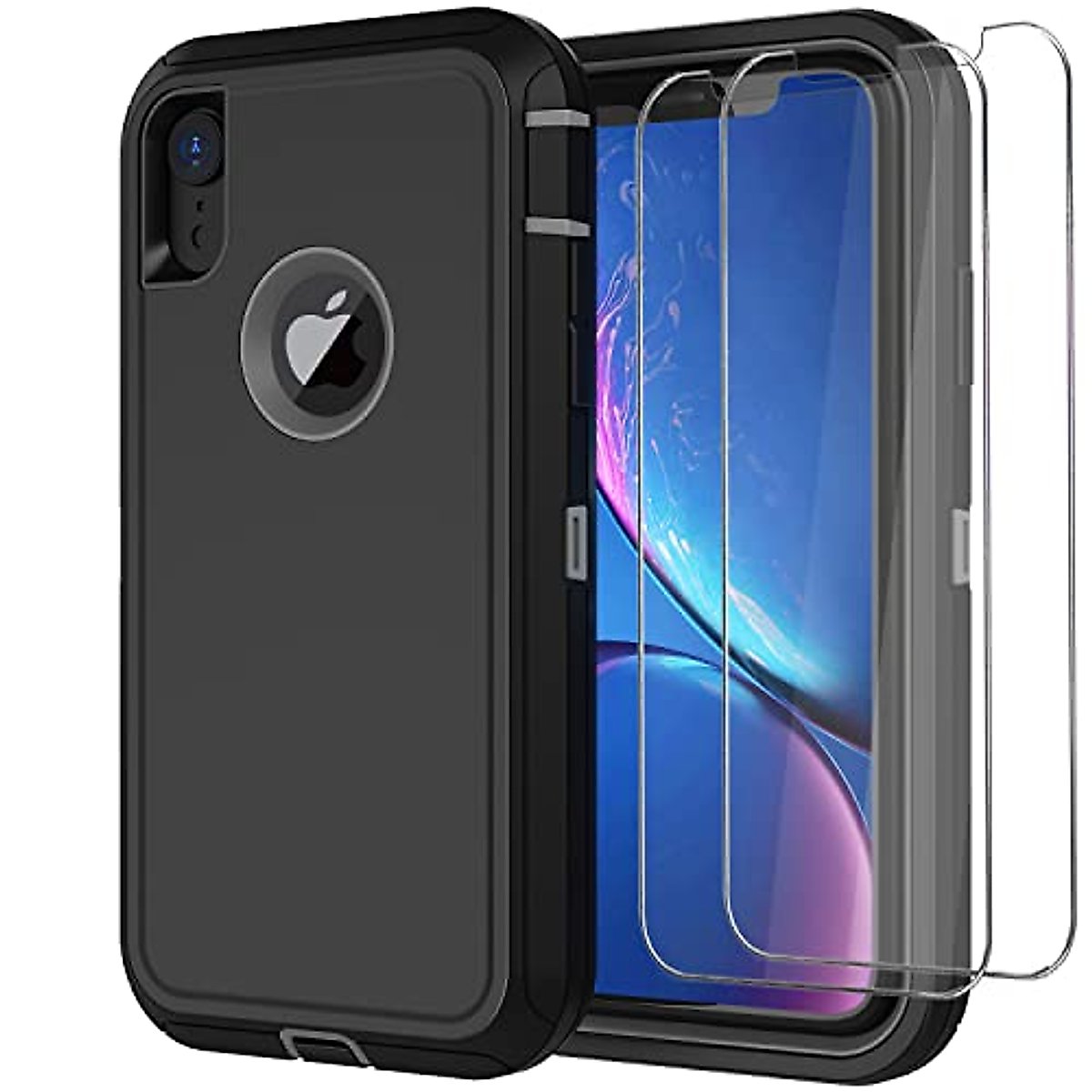 for iPhone XR Case with 2 x Screen Protector, Heavy Duty Shockproof/Drop Proof/Dust Proof 3-Layer Military Protection Full Body Rugged Defender Durable Cover for Apple iPhone XR (Black & Gray)