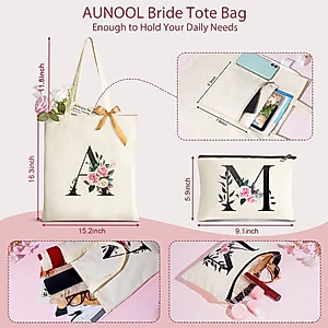 AUNOOL Initial Floral Canvas Tote Bag with 2 Inner Pockets, Personalized Wedding Gift Bag for Women Teacher Bridesmaid Flower, Reusable Shopping Bag for Groceries, Cosmetic Makeup Bag Letter A