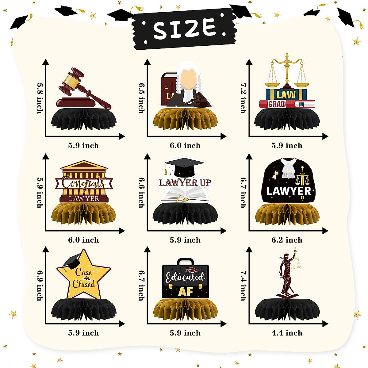 INNORU Lawyer Graduation Table Honeycomb Centerpieces, Congrats Lawyer Grad Party Table Toppers Law School Graduation Decoration Supplies Lawyer Grad Sign Table Centerpieces 9 PCS