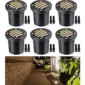 SUNVIE 12W Low Voltage Landscape Lights Anti-Glare LED Well Lights(Grated Top) 12V-24V Waterproof Outdoor In-Ground Lights 3000K Landscape Lighting for Garden Fence Pathway Deck 6 Pack with Connectors