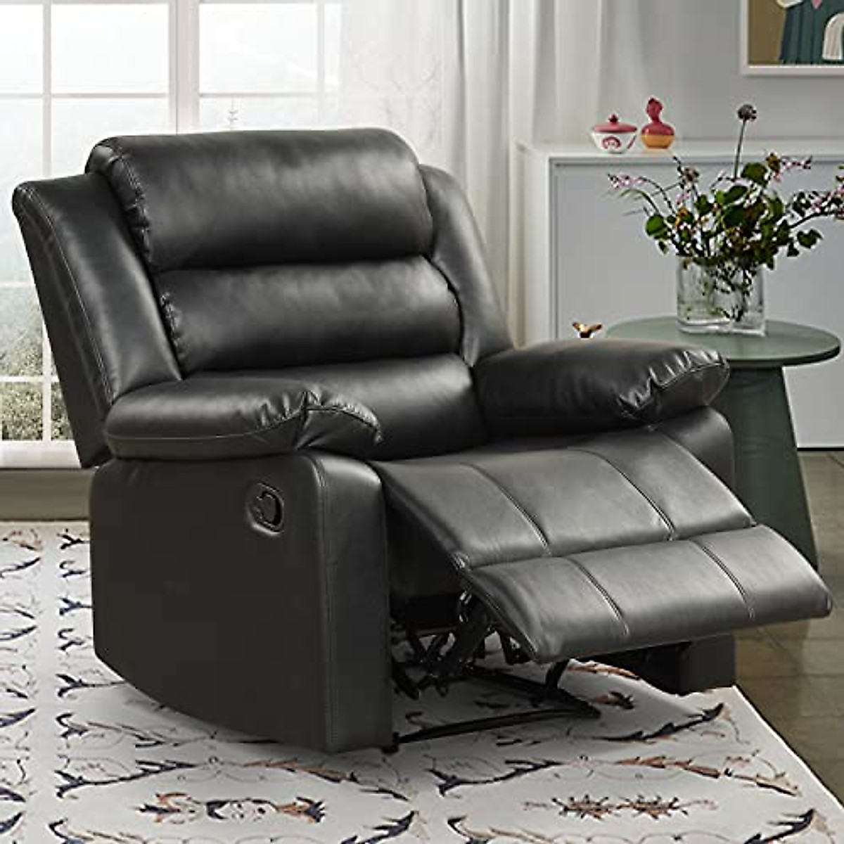 ANJ Manual Recliner Chair, Breathable PU Leather Reclining Chair, Extra Wide Recliners with Overstuffed Arm and Back, Single Sofa Chair for Living Room Bedroom(Black)